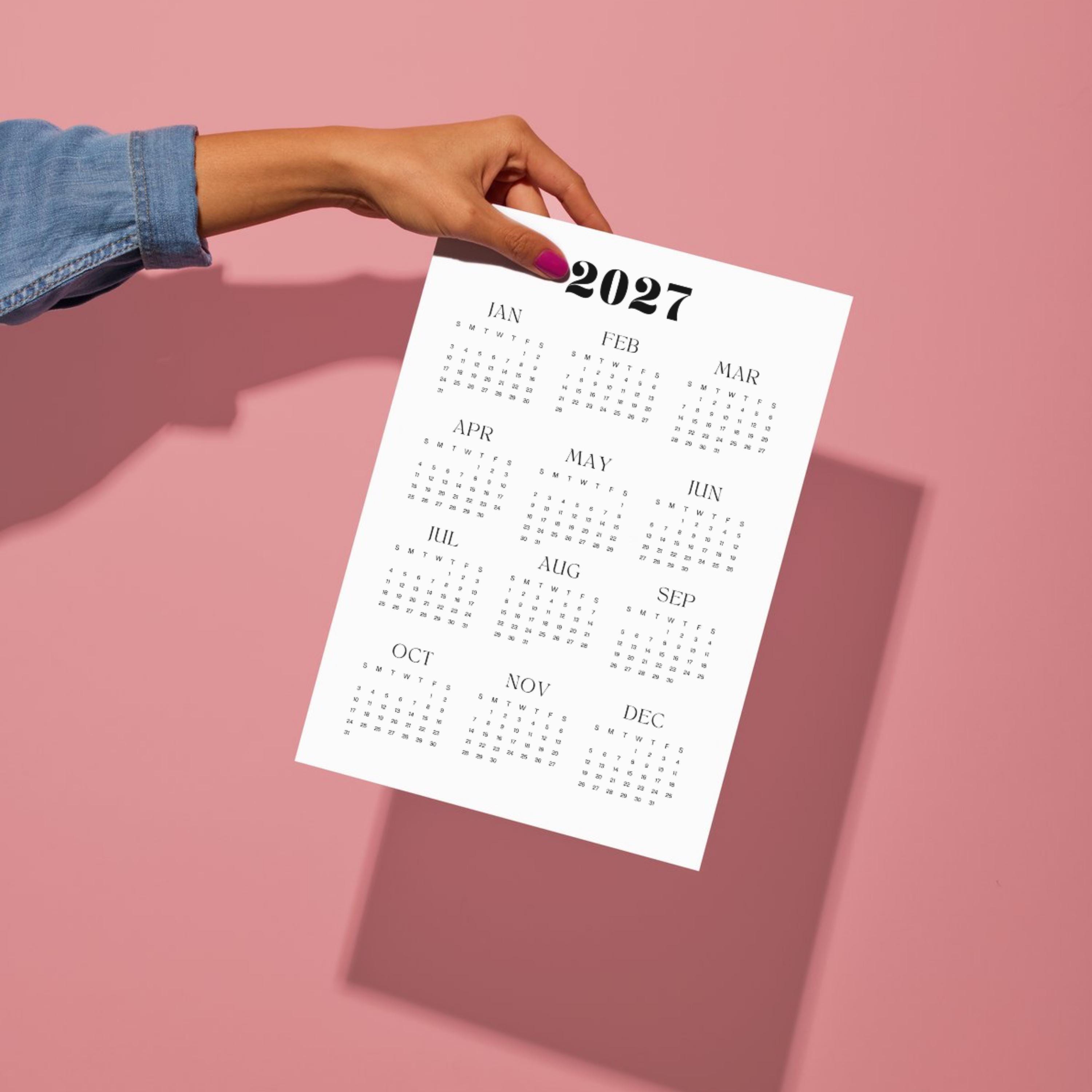2027 Printable Calendar Minimalist, One Page Yearly Wall Calendar, A4 ...