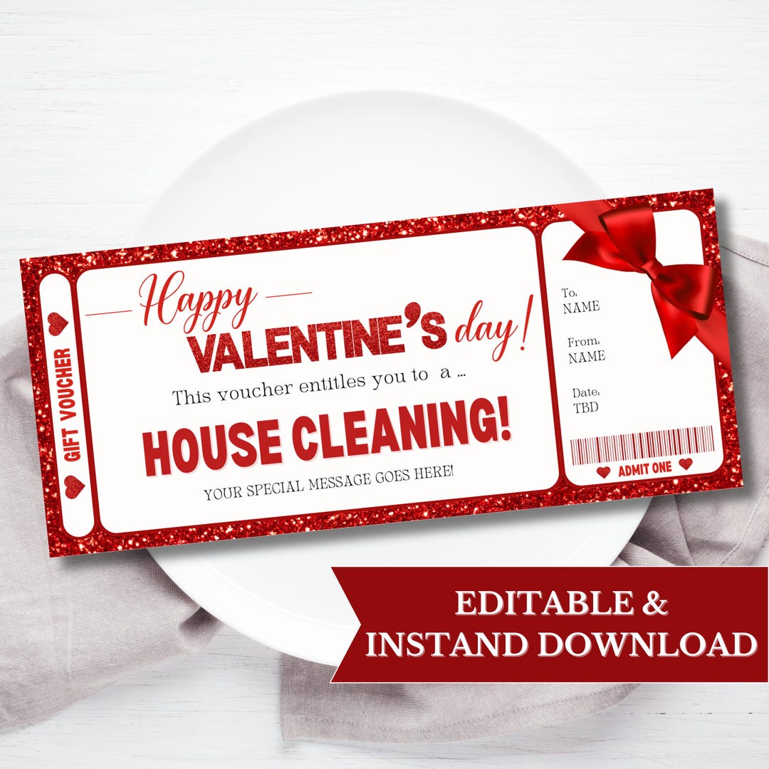 Valentine’s Day House Cleaning Gift Voucher Printable, Home Cleaning ...