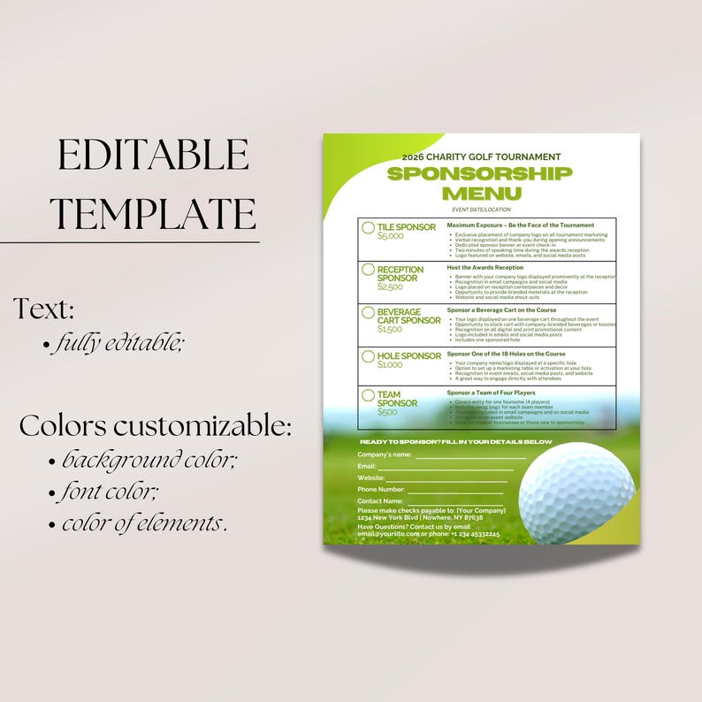 Golf Event Sponsorship Form Canva Template, Editable Fundraiser Sponsor ...