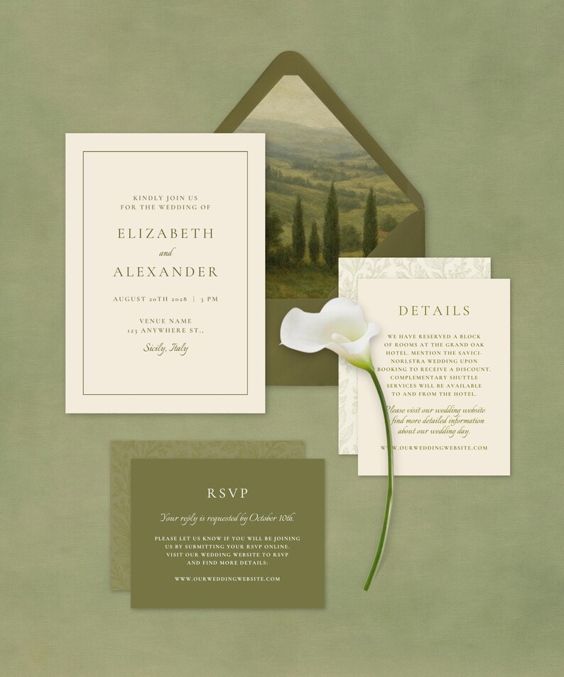 Olive & Sage Green Wedding Invitation Suite | Tuscany Vineyard CANVA ...