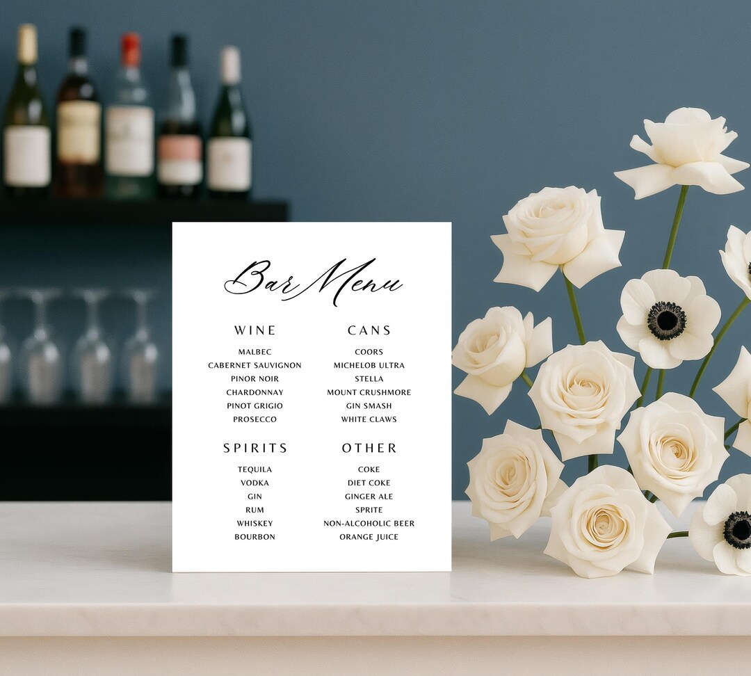 Modern Elegant Bar Menu | Editable CANVA TEMPLATE for Weddings and ...
