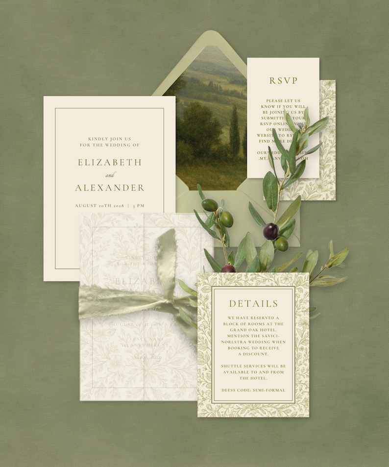 Elegant Olive Green Wedding Invitation Suite | Printable CANVA ...