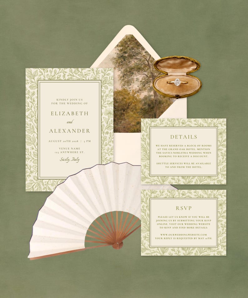 Elegant Olive Green Wedding Invitation Suite | Printable CANVA ...