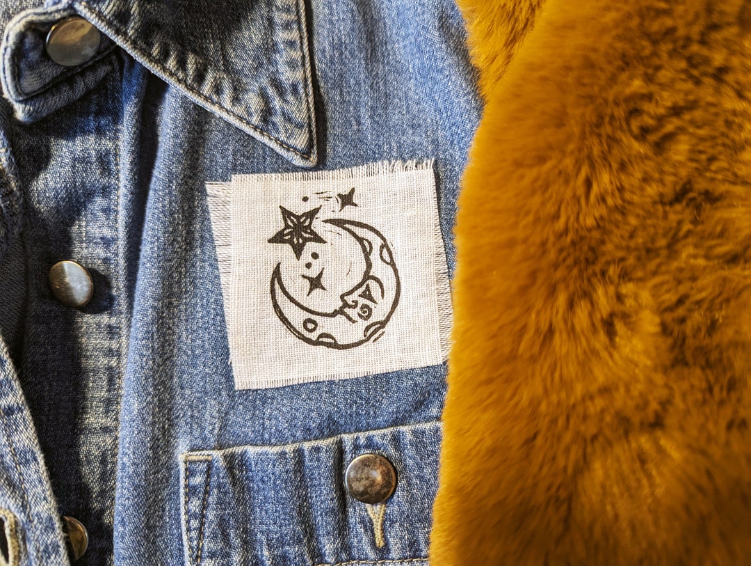 Moon & Star Block Print Patch White Linen - Etsy