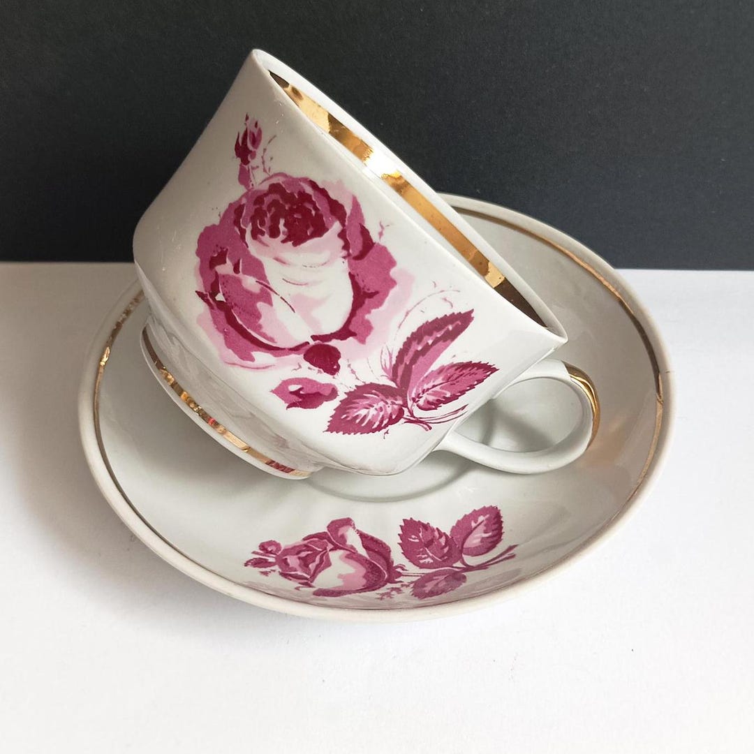 Pink Rose Vintage Teacup and Saucer White Porcelain Cup 80s Floral Tea ...