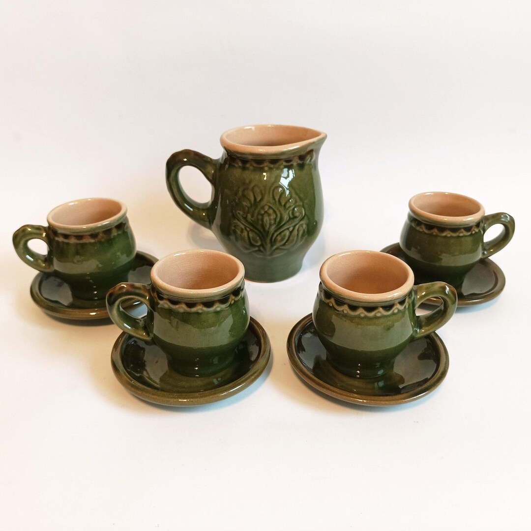 Ceramics 90s Green Ceramic Espresso Set Vintage Coffee Set Cups With ...