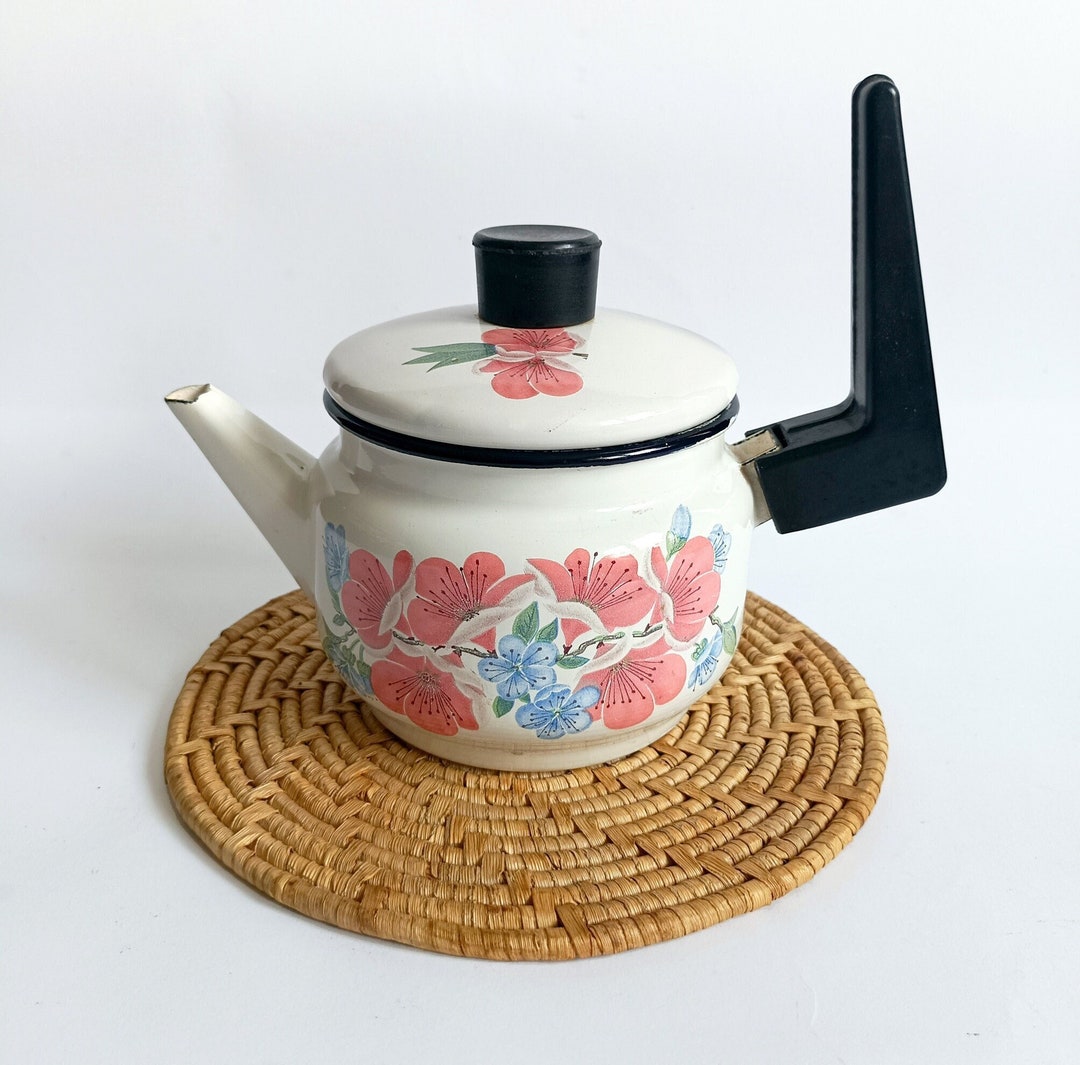 White enamel kettle 80s Pink freesias Vintage enameled floral kettle ...