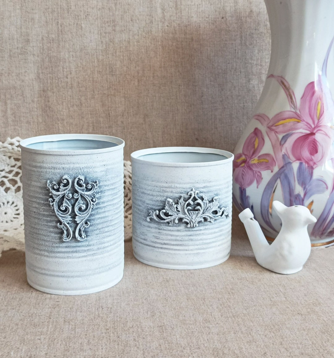 Set of 2 White Pen Holders Stand Makeup Brush Tin Vases Shabby Chic ...