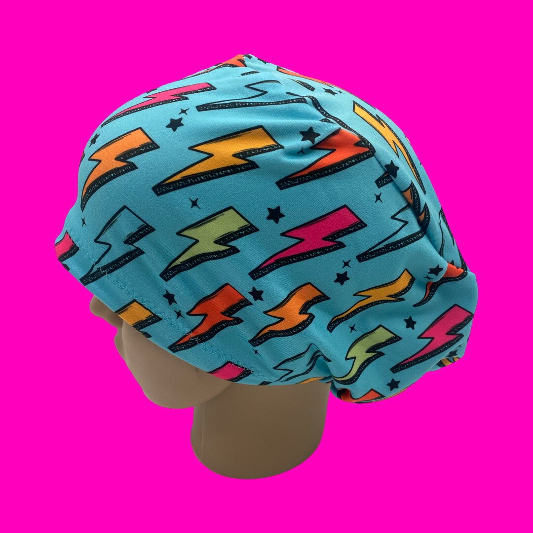 Blue Lightning Bolt Scrub Hat, Soft Stretchy Euro Style Scrub Cap ...