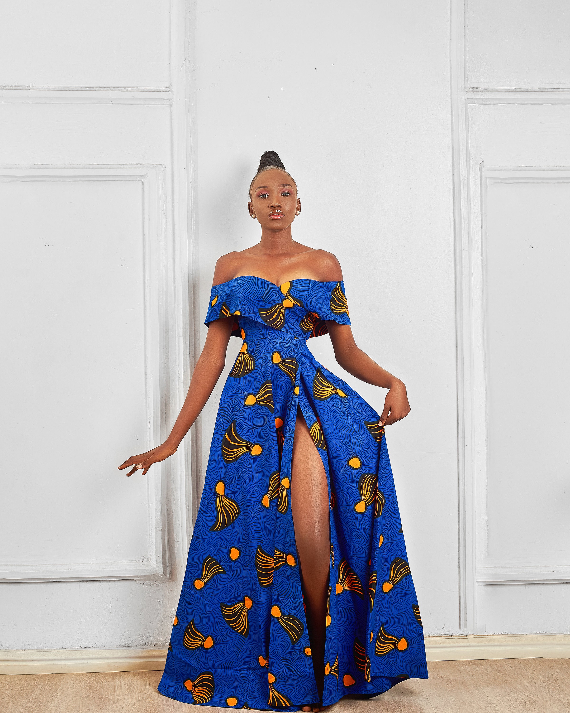 Custom Crystal Embellished Blue Ankara Graphic Printed 3/4 Sleeve A ...