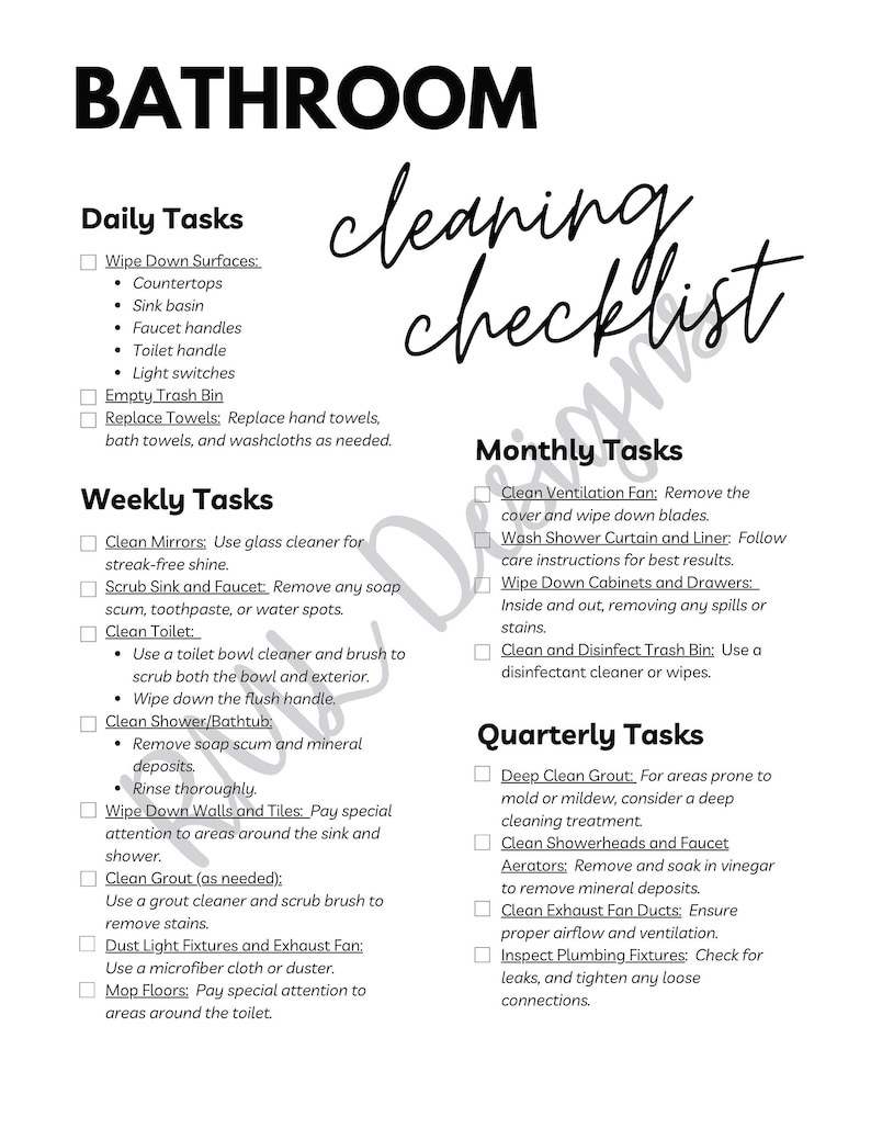 Bathroom Cleaning Checklist - Simple, Modern, Daily, Weekly, Monthly ...
