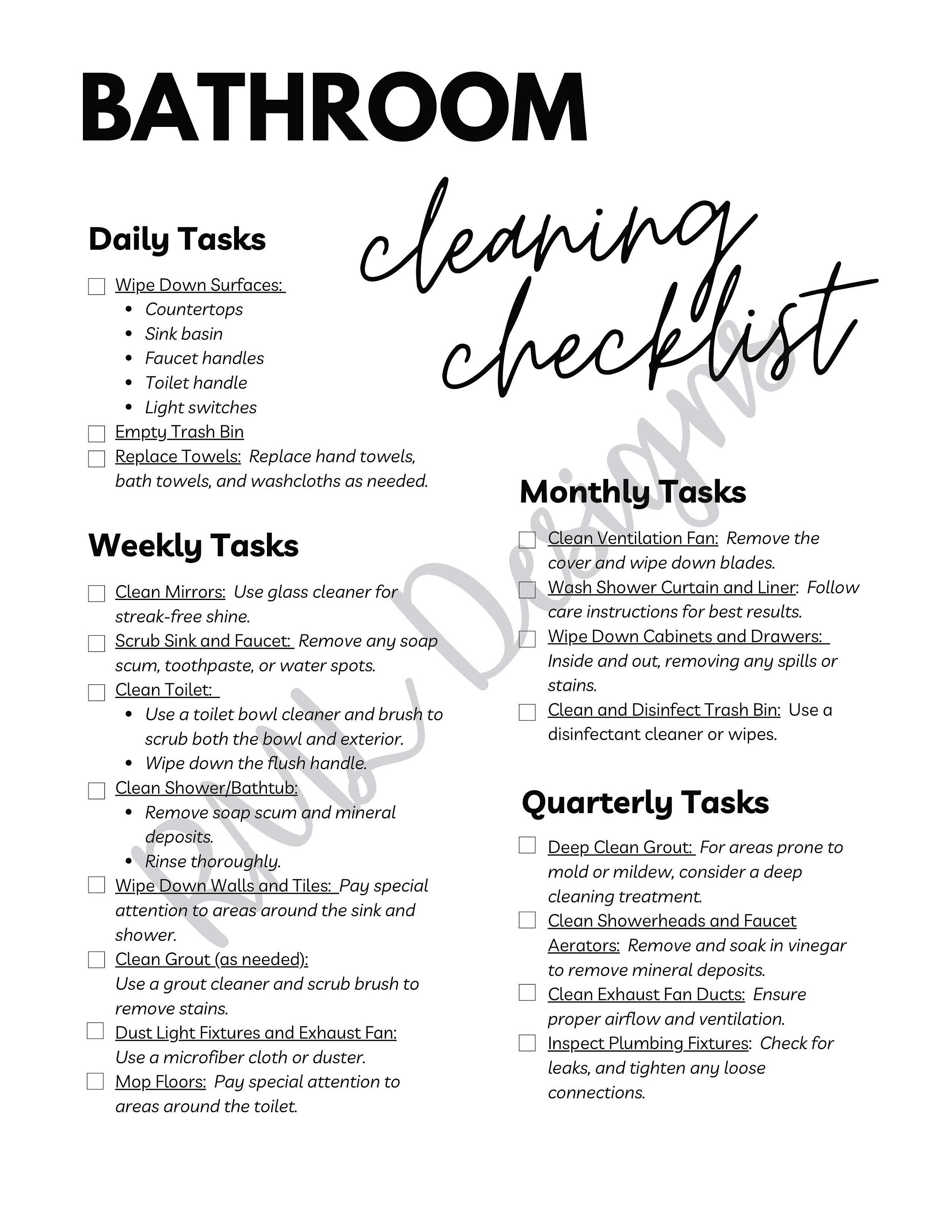 Bathroom Cleaning Checklist - Simple, Modern, Daily, Weekly, Monthly ...