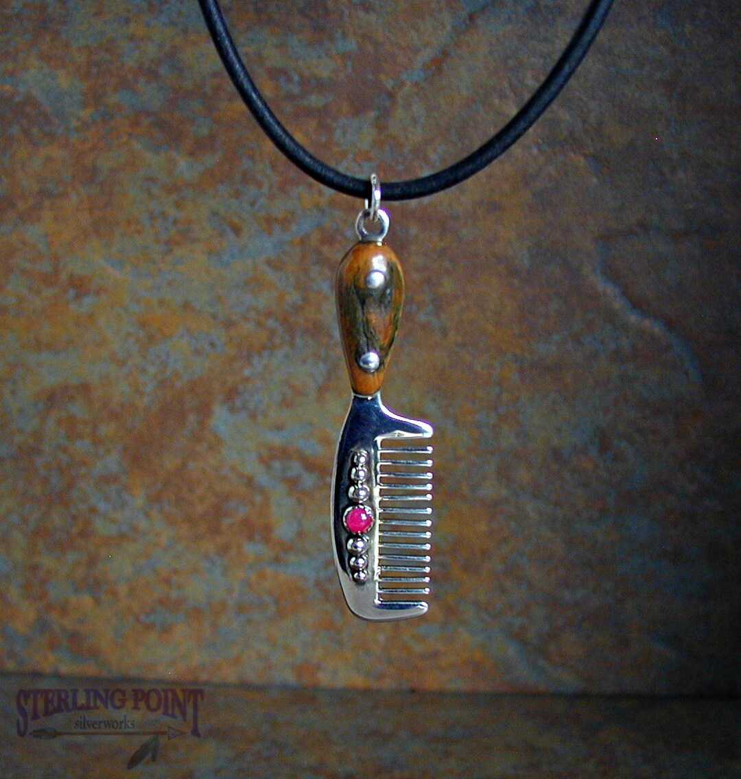 Sterling Silver Mustache Comb With Amethyst Ruby Gemstone & Petrified ...
