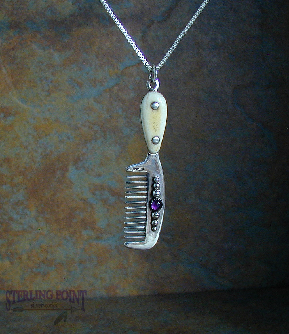 Sterling Silver Mustache Comb With Amethyst Ruby Gemstone & Petrified ...