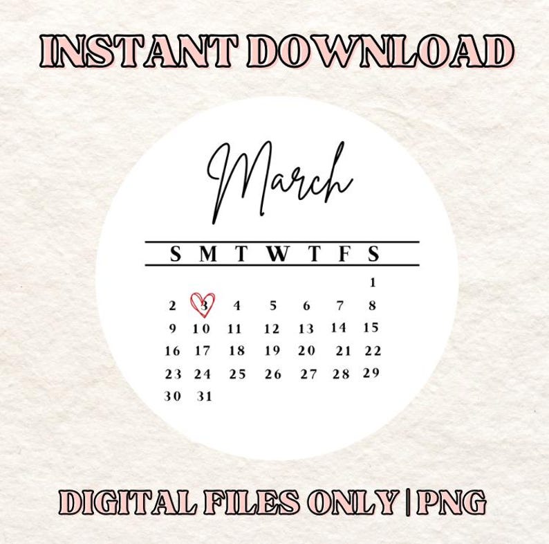 March Bundle 2025 Calendar Only | HEART Shape PNG, Instant Download for ...