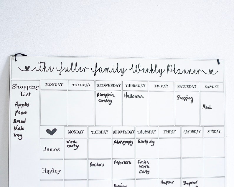 Personalised 2026 Family Planner & Meal Planner White Board - Engraved ...