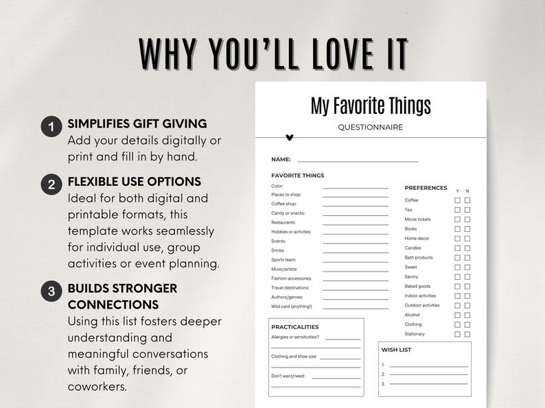 My Favorite Things Questionnaire Fun Printable Activity for Self ...