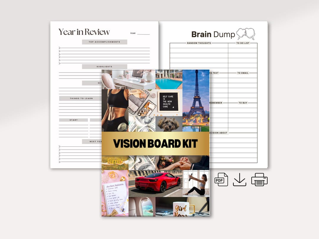 Vision Board Printable Kit | Year-end Reflection Worksheet & Brain Dump ...