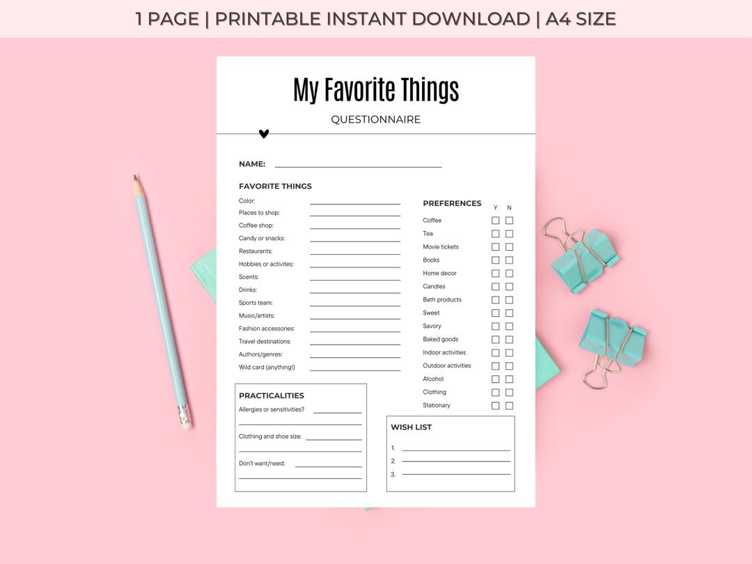 My Favorite Things Questionnaire Fun Printable Activity for Self ...