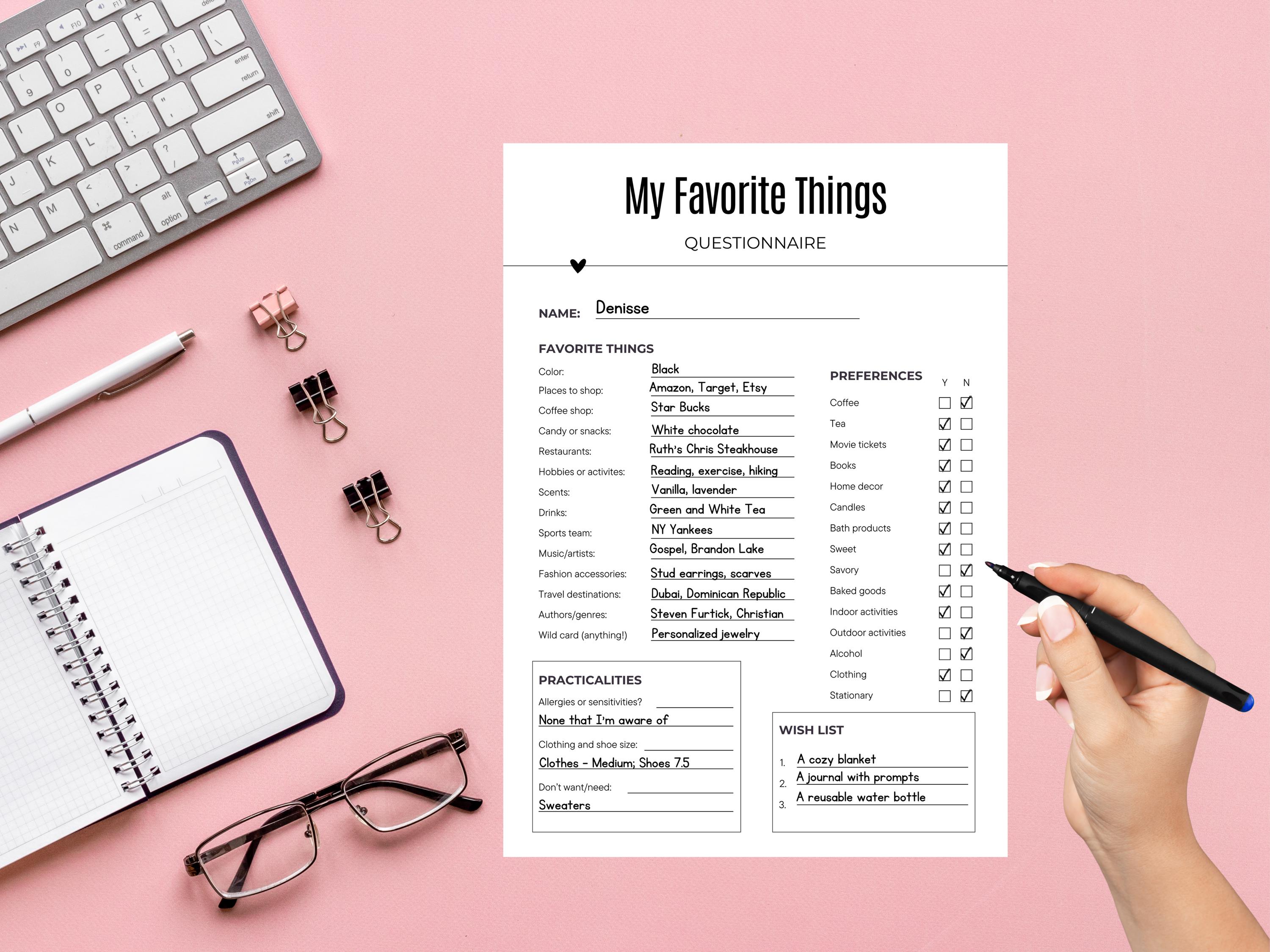 My Favorite Things Questionnaire Fun Printable Activity for Self ...