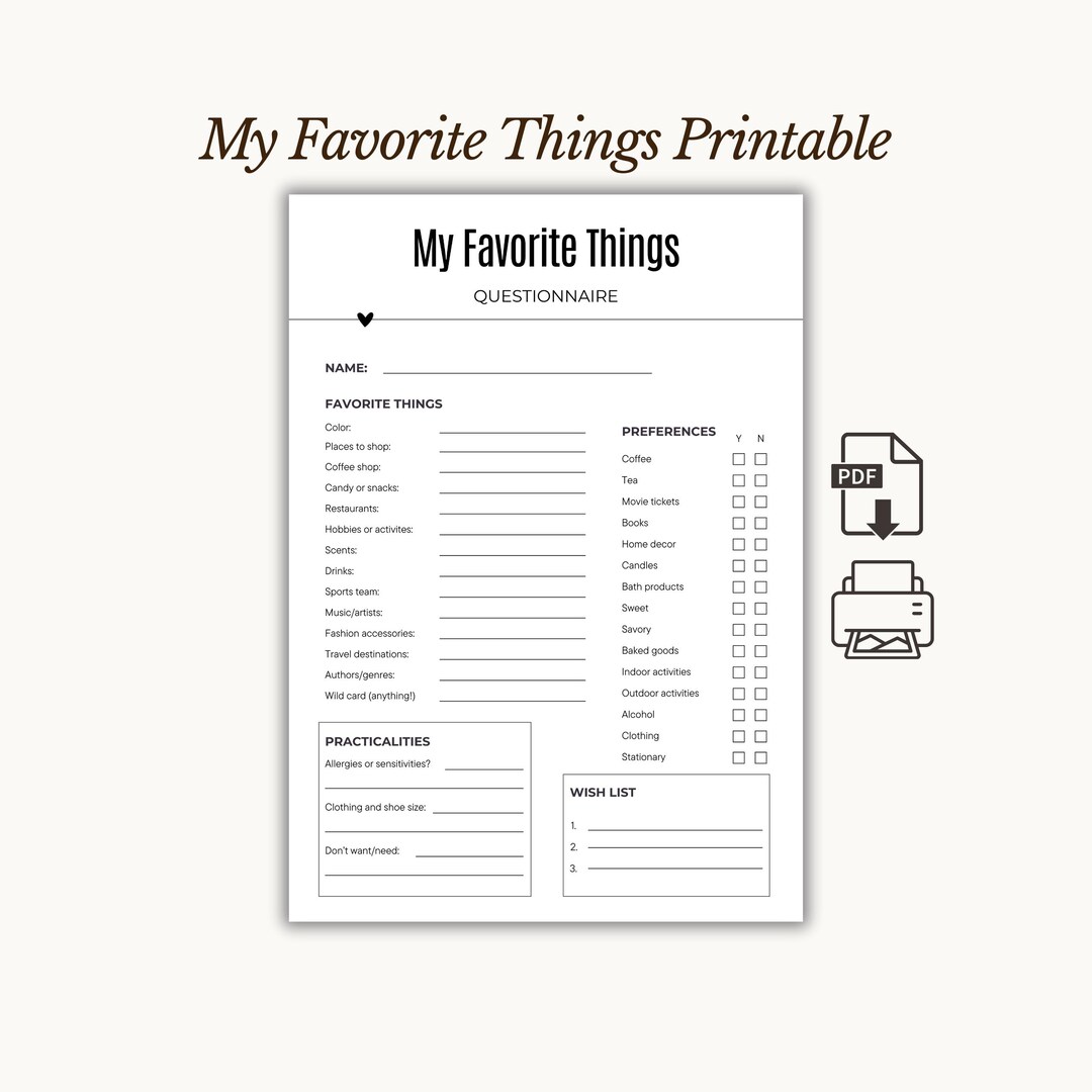 Favorite Things Questionnaire Printable | Teacher Favorites | Employee ...
