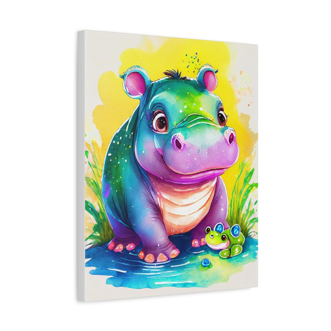 Baby Hippo Water Color Style Canvas Wall Decor for the Home - Etsy