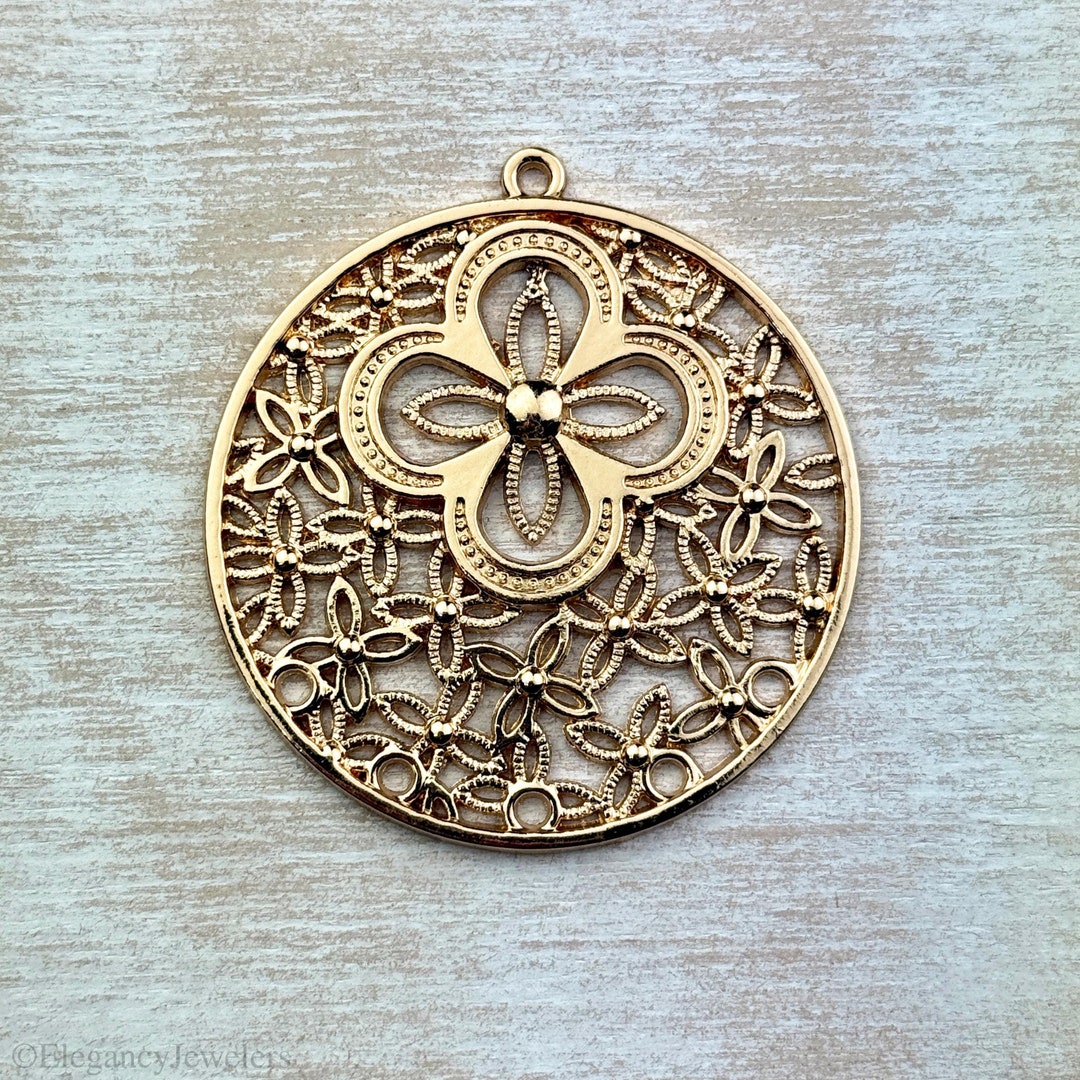 1 Large Golden Round Cross Pendant, Religious, Filigree, Charm , Circle ...