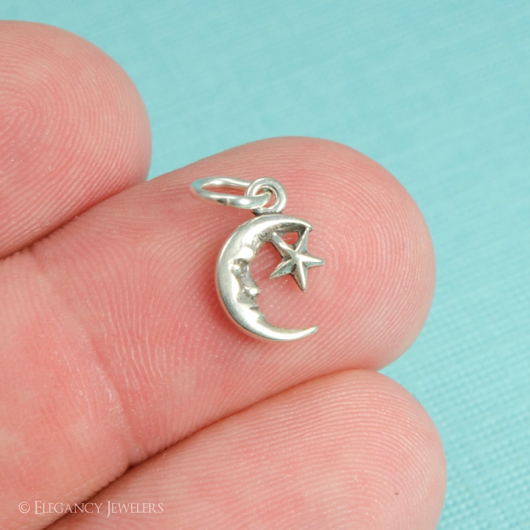 925 Sterling Silver Small Mini Moon Face & Star Bracelet Charm, DIY ...