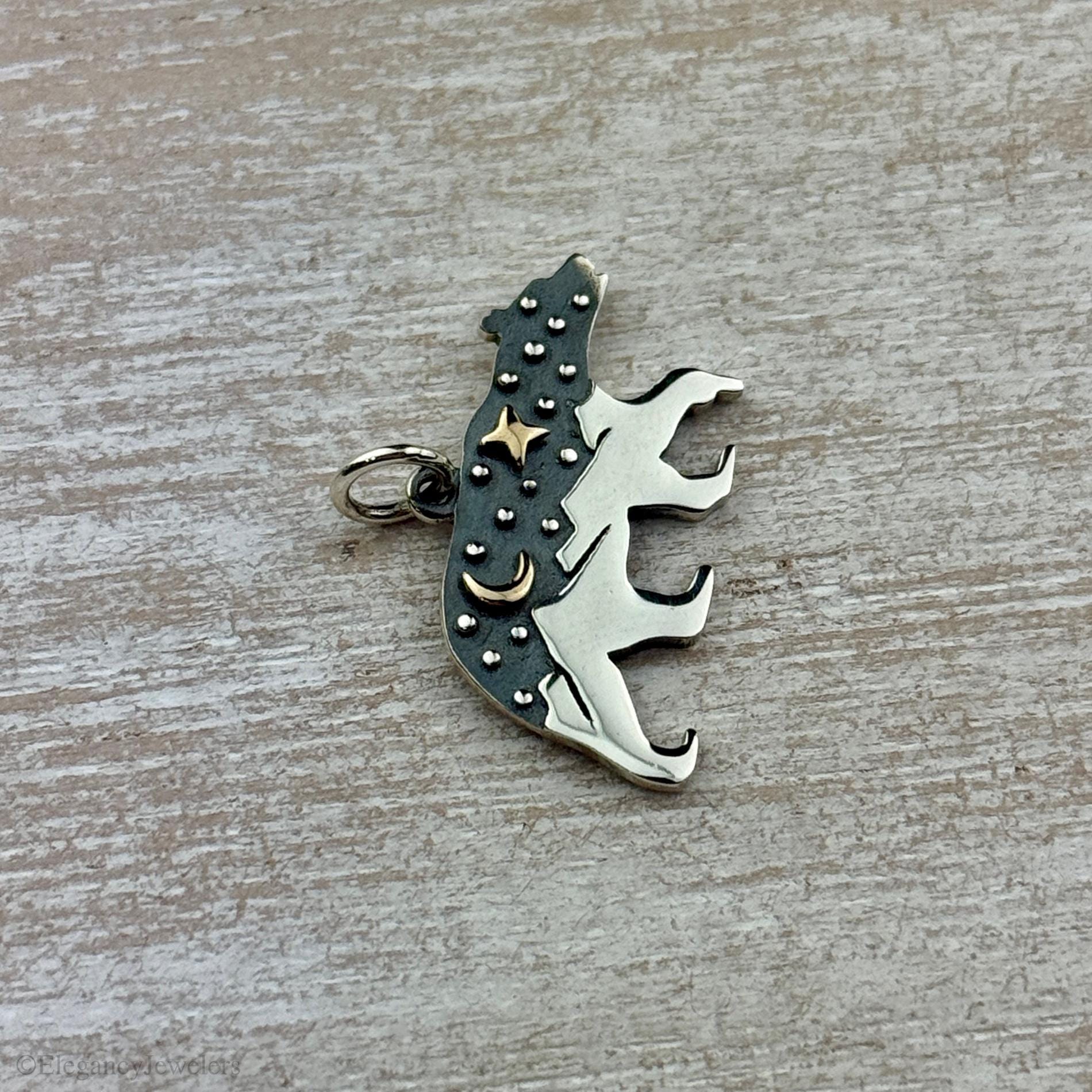Sterling Silver Bear With Mountains and Bronze Moon Charm, Pendant ...