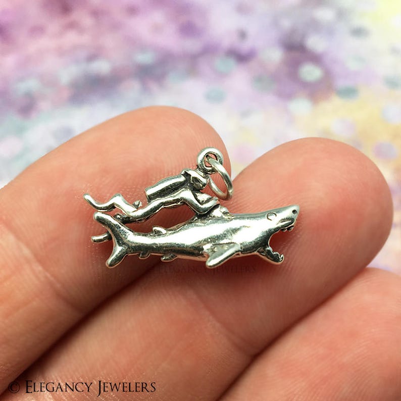 3D Sterling Silver Shark & Scuba Diver Charm, Ocean, .925 Silver, DIY ...