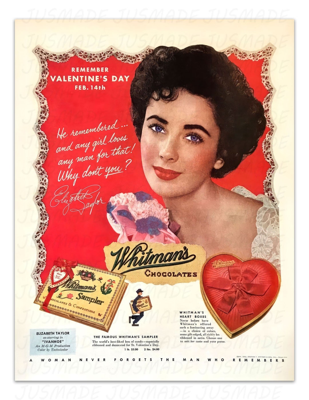 ELIZABETH TAYLOR Valentine's Day 1952 Vintage Advertisement Premium ...
