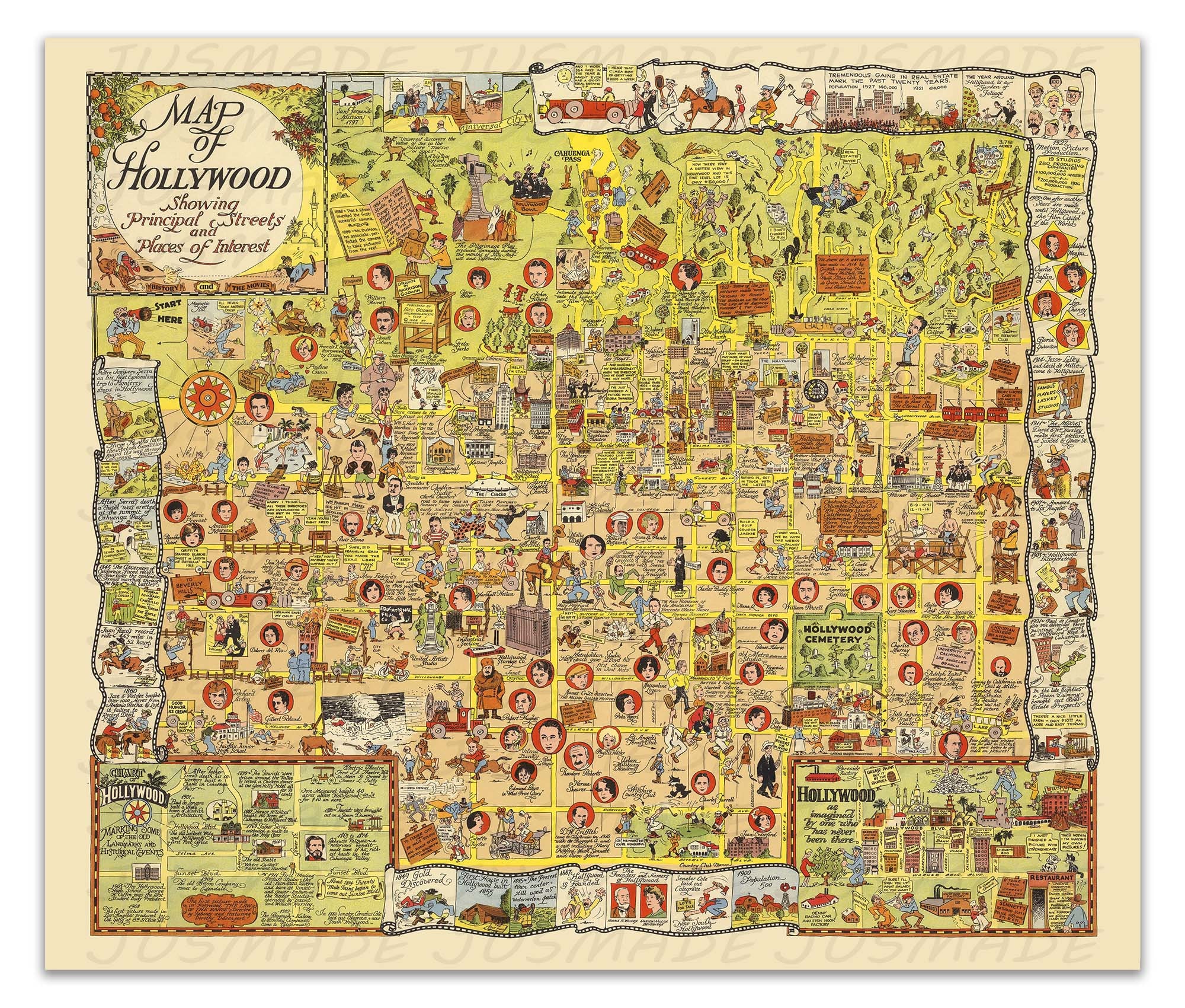 MAP OF HOLLYWOOD, Pictorial Map 1928, -unframed- Vintage Illustration ...