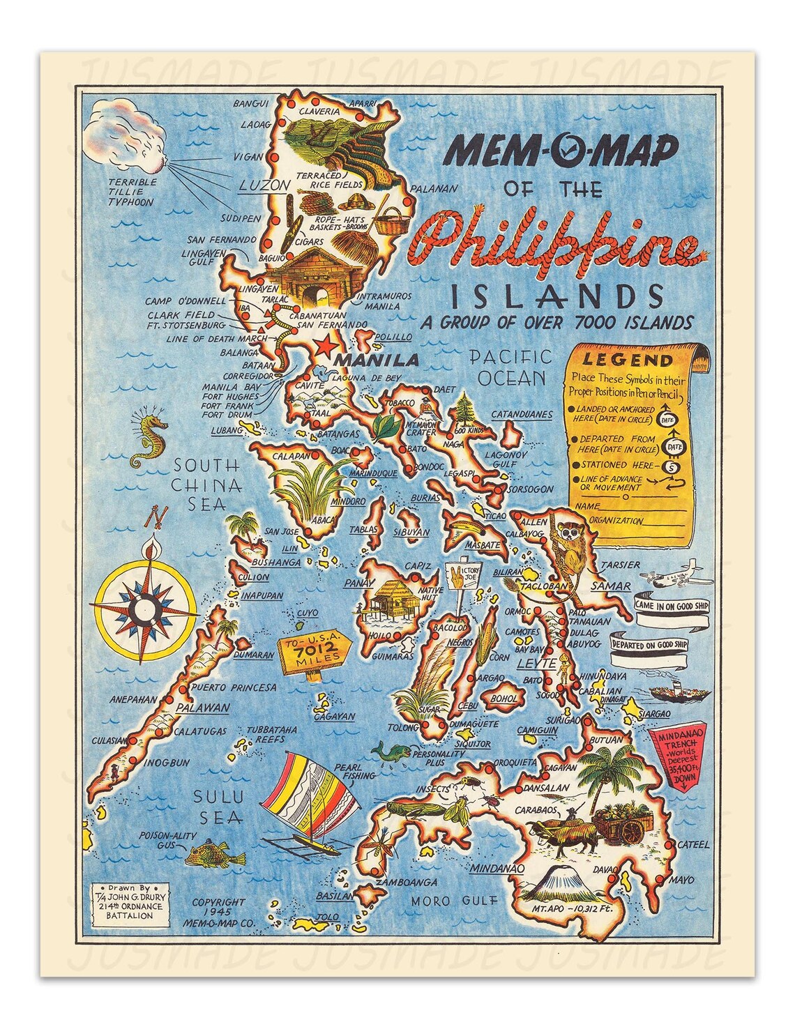 DIE PHILIPPINEN Mem-O-Map Vintage Landkarte 1945 - Ohne Rahmen - Druck ...