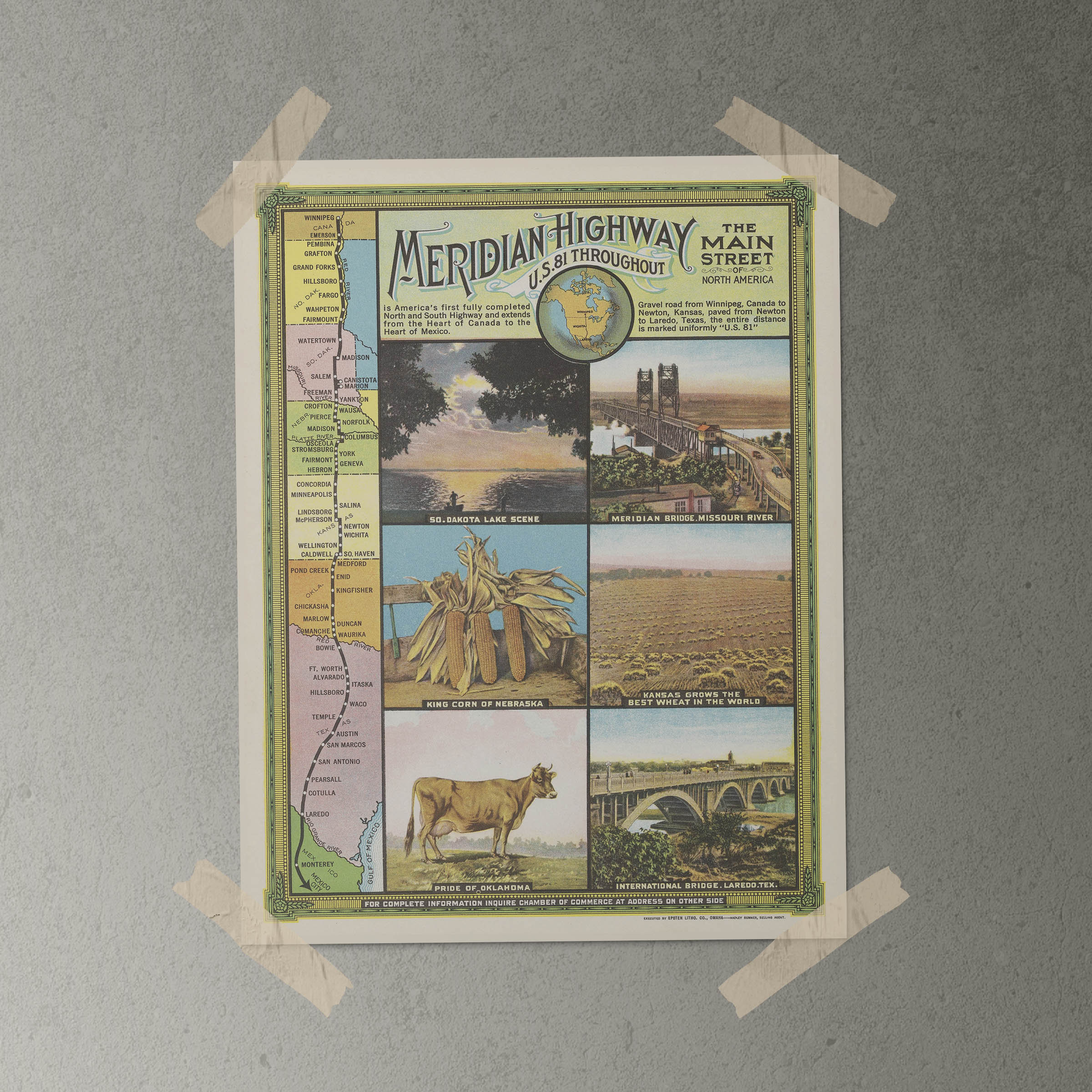 MERIDIAN HIGHWAY US 81 Map Vintage Illustration Map 1937-unframed ...