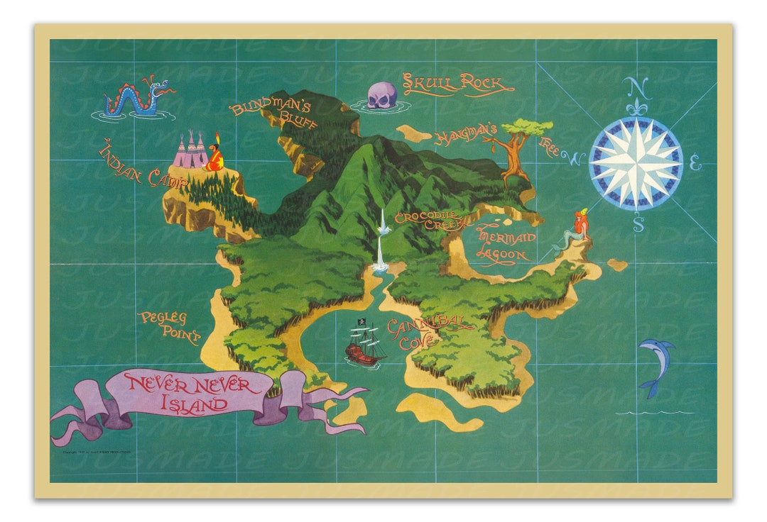 NEVER NEVER ISLAND Pictorial Map, 1952 Vintage Illustration -unframed ...