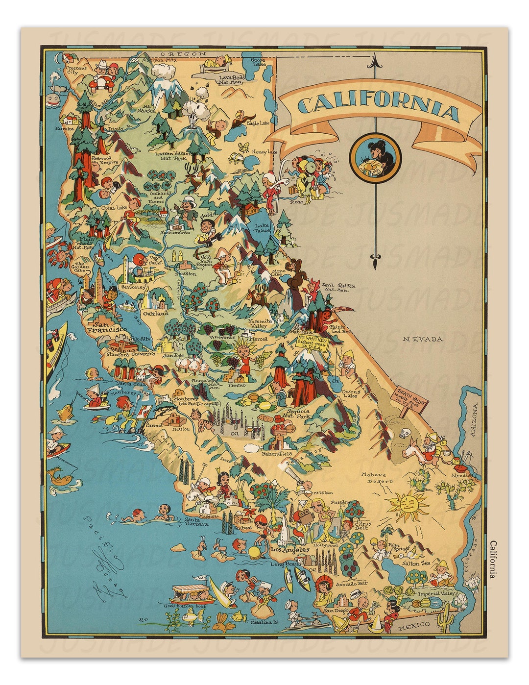 CALIFORNIA Pictorial Map 1935 Vintage Illustration -unframed- Print - Etsy