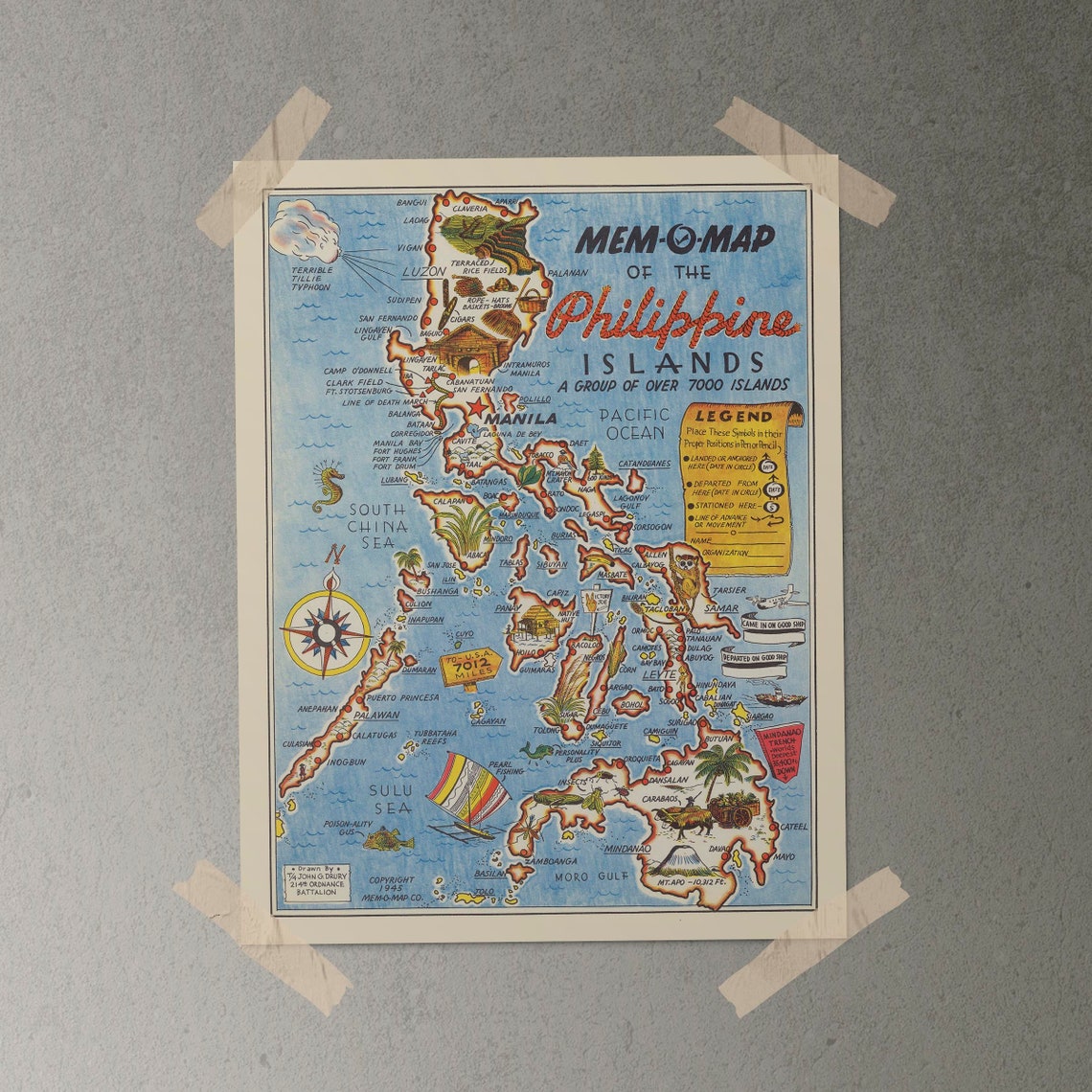 DIE PHILIPPINEN Mem-O-Map Vintage Landkarte 1945 - Ohne Rahmen - Druck ...