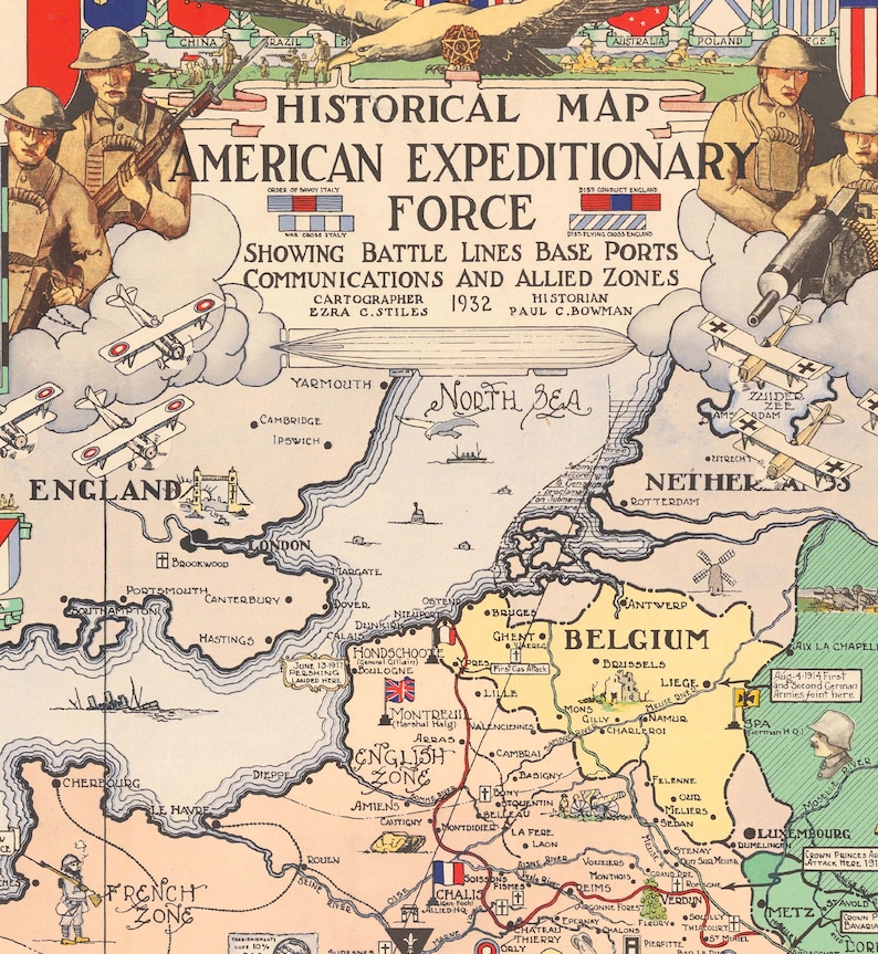 HISTORICAL MAP 1932 WW1: Battle Lines, Base Point, Allied Zones ...