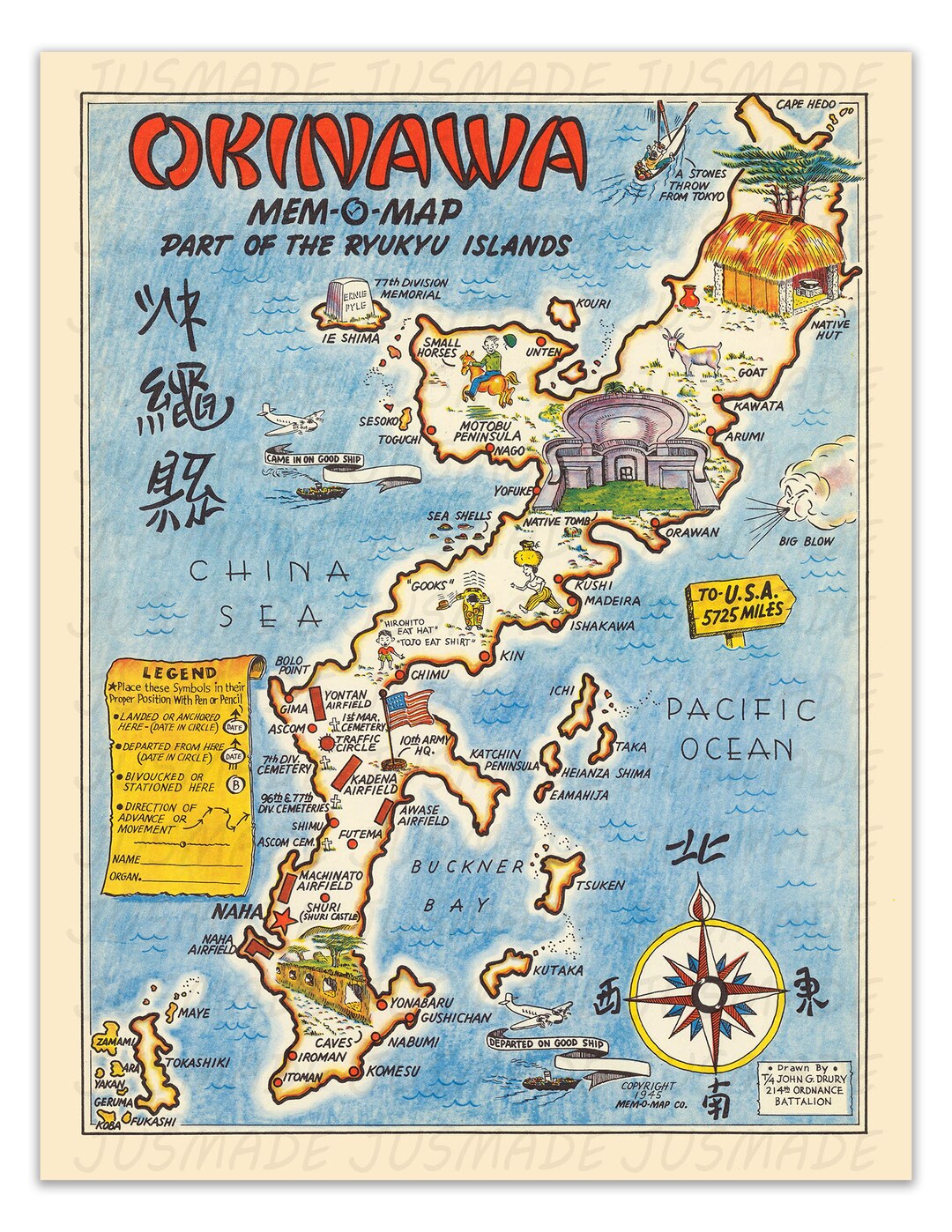 OKINAWA Mem-o-map RYUKYU ISLANDS Vintage Pictorial Map 1945 -unframed ...