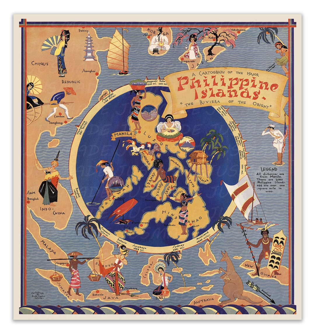 Cartograph of MAJOR PHILIPPINE ISLANDS Pictorial Map, Vintage 1930 ...