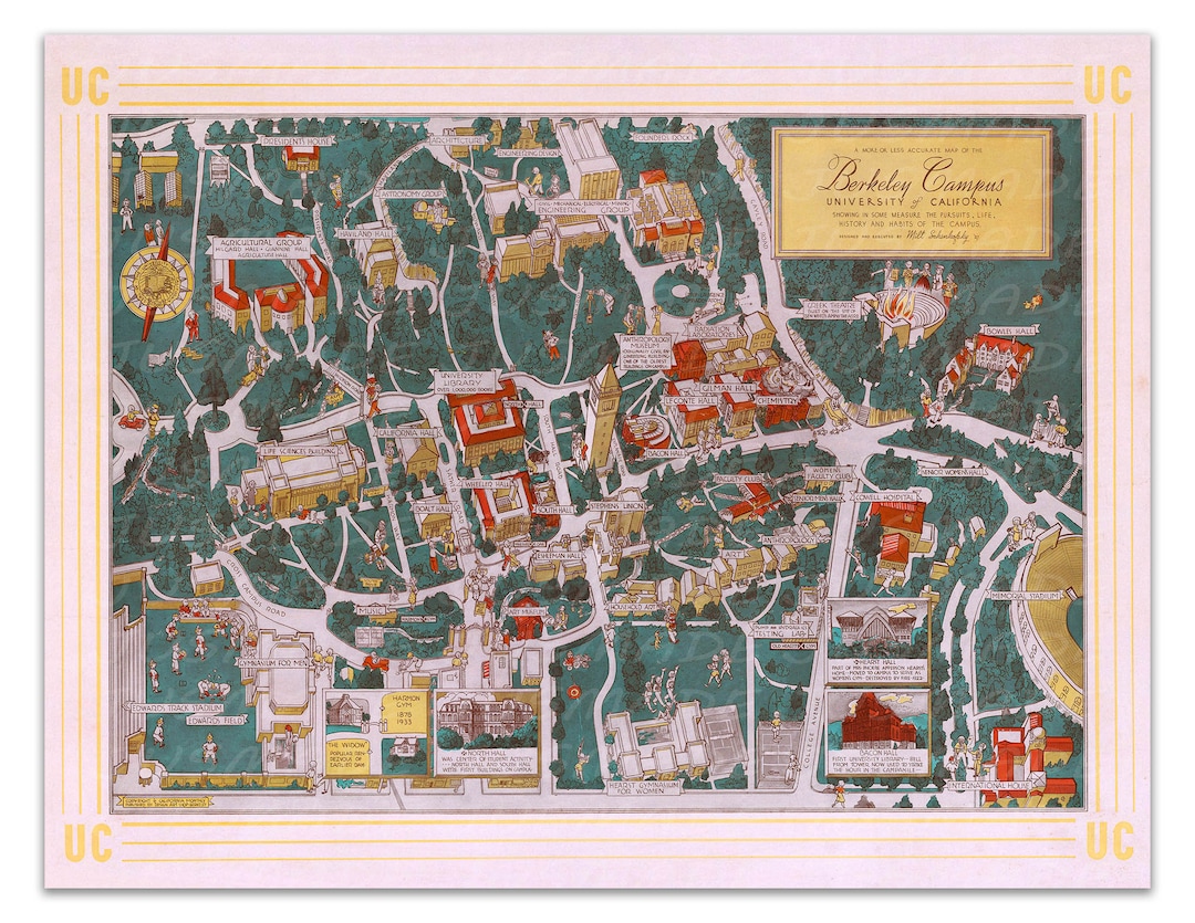 BERKELEY CAMPUS UNIVERSITY of California, Vintage Pictorial Map 1937 ...