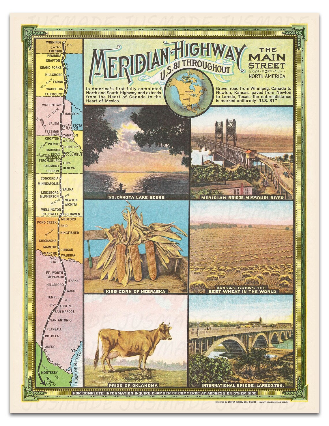 MERIDIAN HIGHWAY US 81 Map Vintage Illustration Map 1937-unframed ...