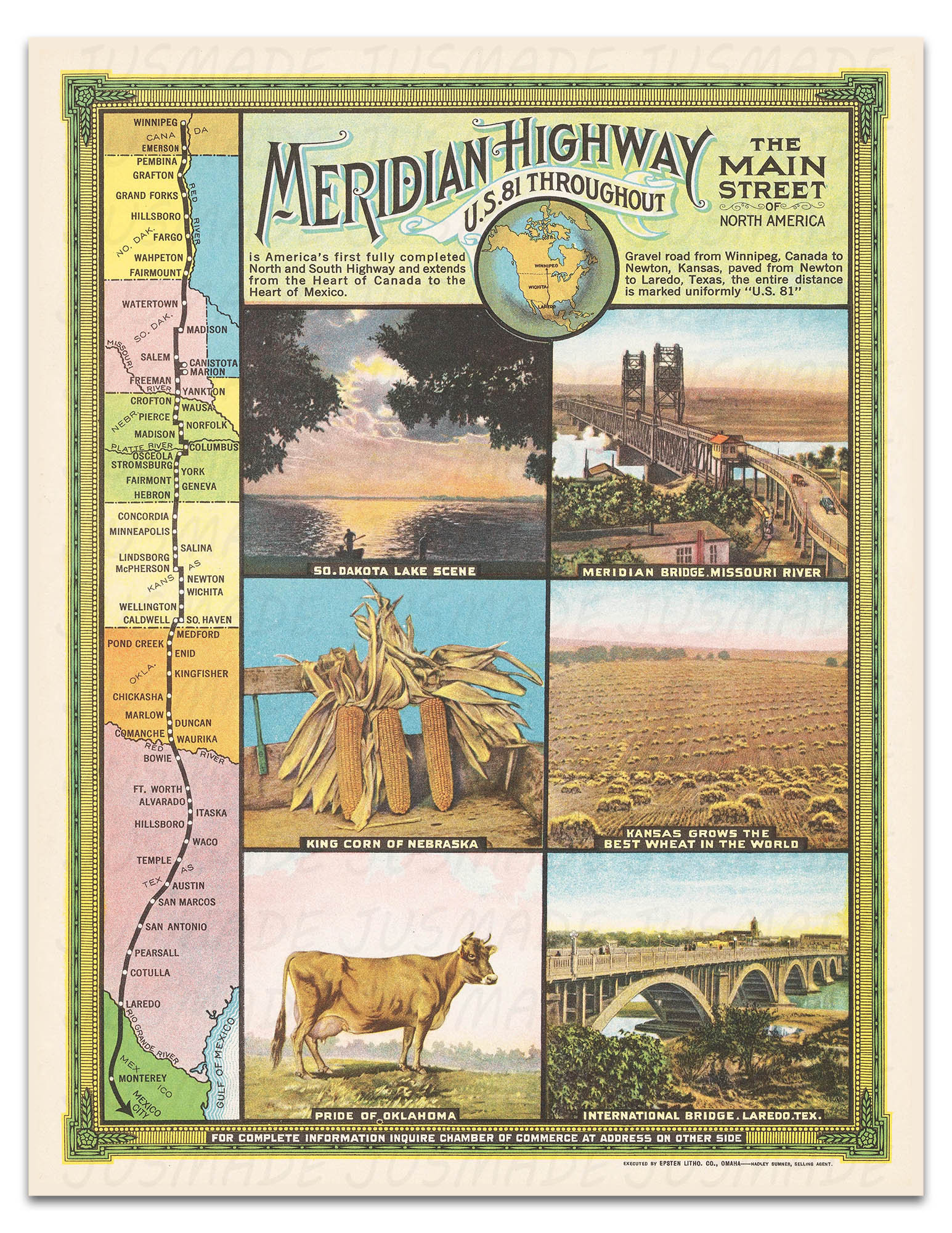 MERIDIAN HIGHWAY US 81 Map Vintage Illustration Map 1937-unframed ...