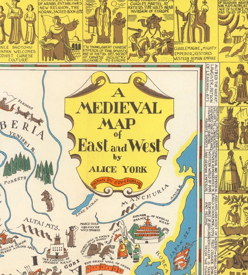 MEDIEVAL Map of EAST & WEST Pictorial Map 1925 Vintage Illustration ...