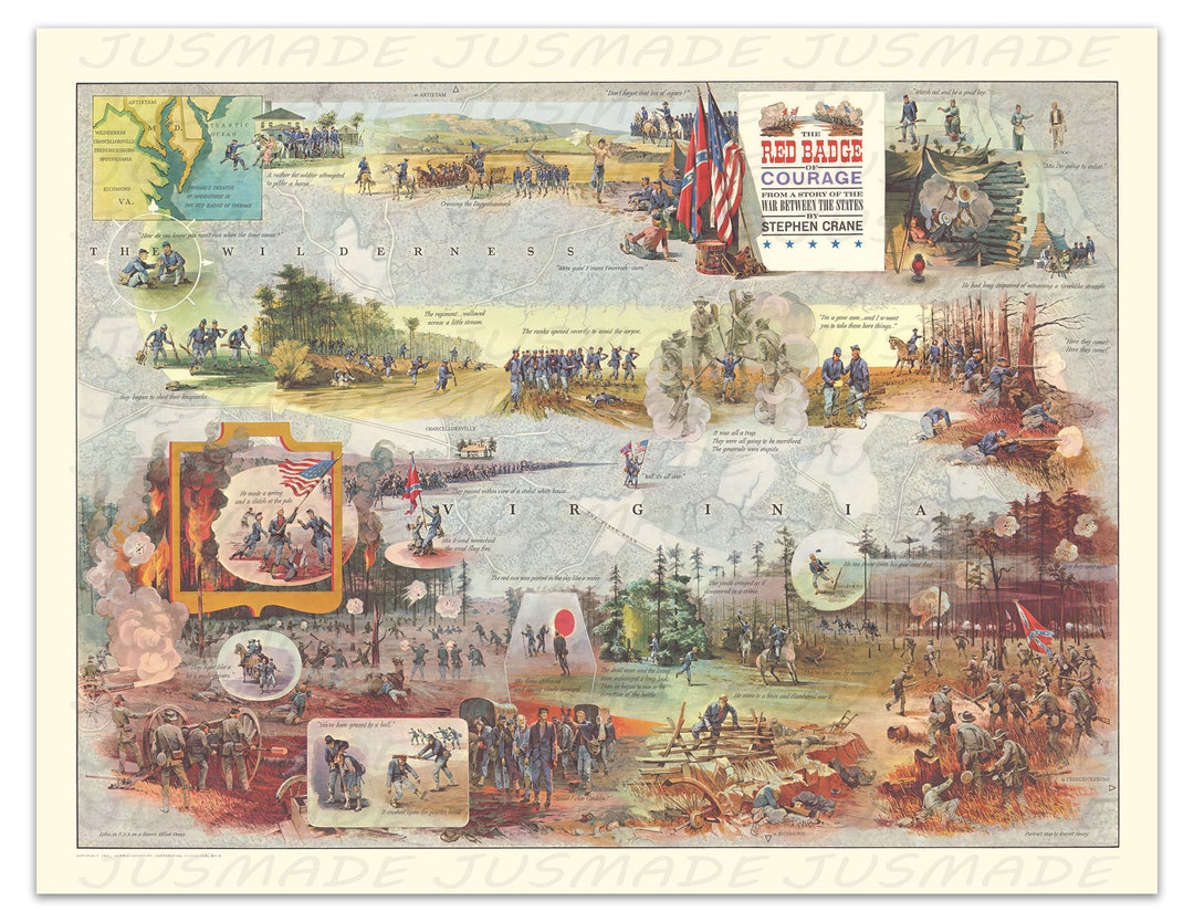 The RED BADGE of COURAGE Vintage Pictorial Map 1861 Civil War -unframed ...
