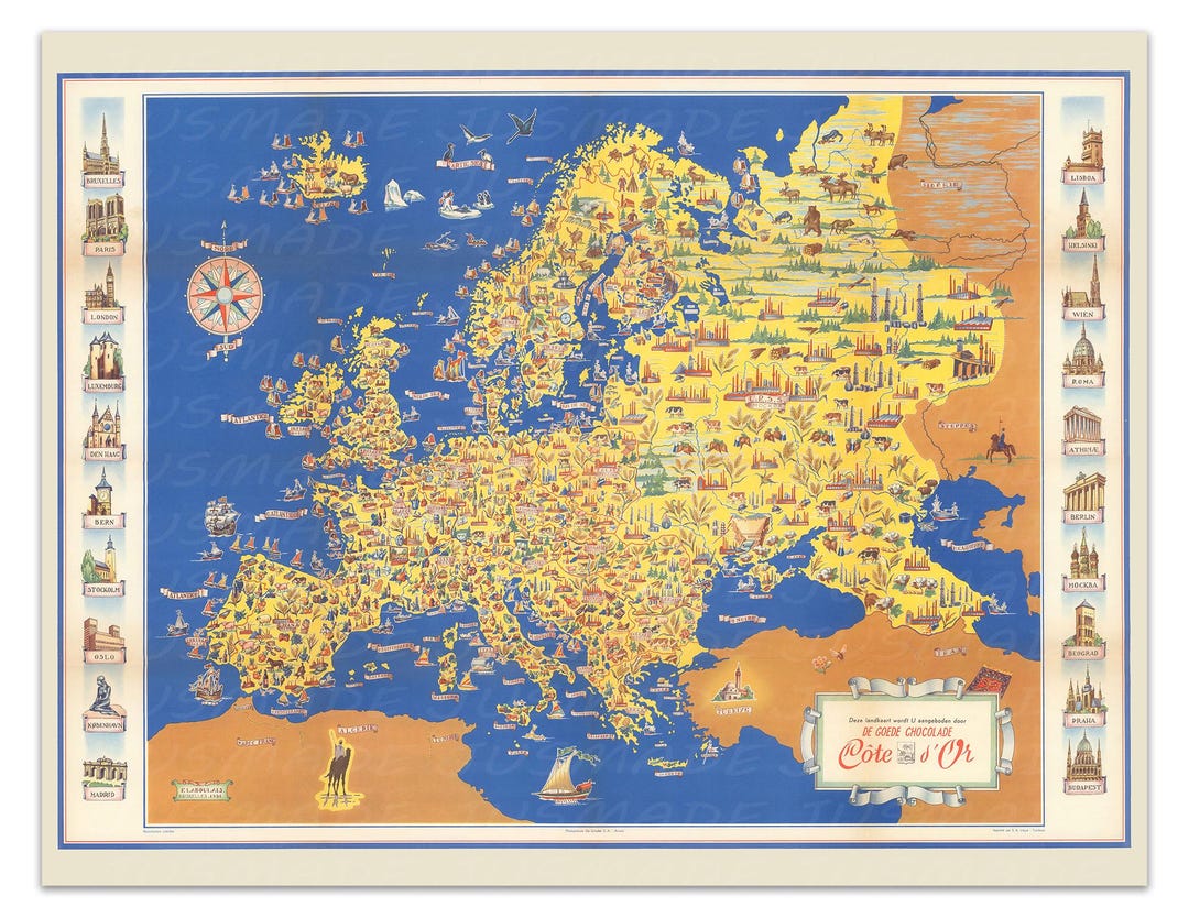 MAP OF EUROPE Pictorial Map, 1951 Vintage Illustration -unframed- Print ...