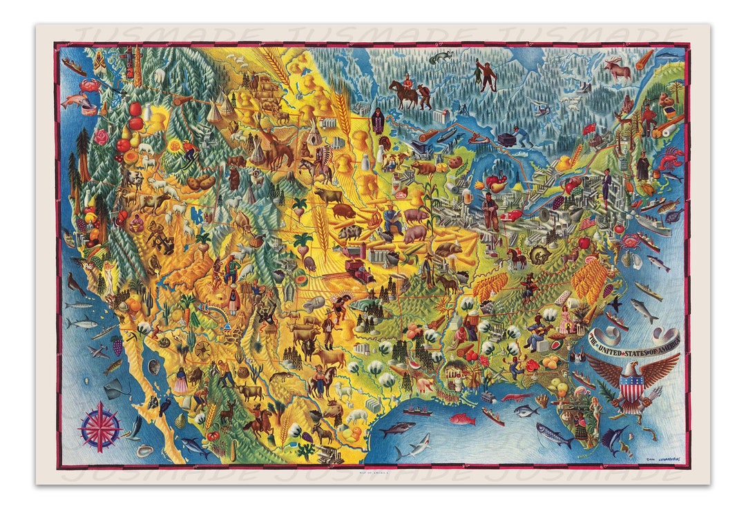 UNITED STATES of AMERICA Pictorial Map, Vintage Illustration -unframed ...