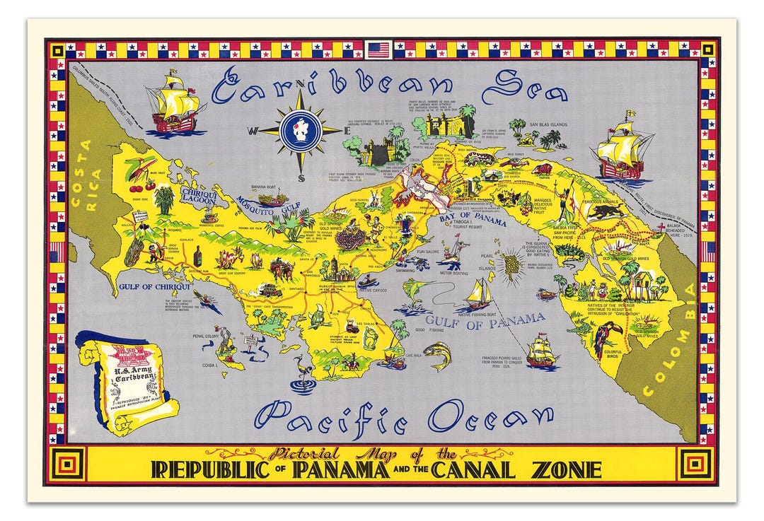Vintage Pictorial Map of Panama & Canal Zone Poster - U.S. Army 1950s ...