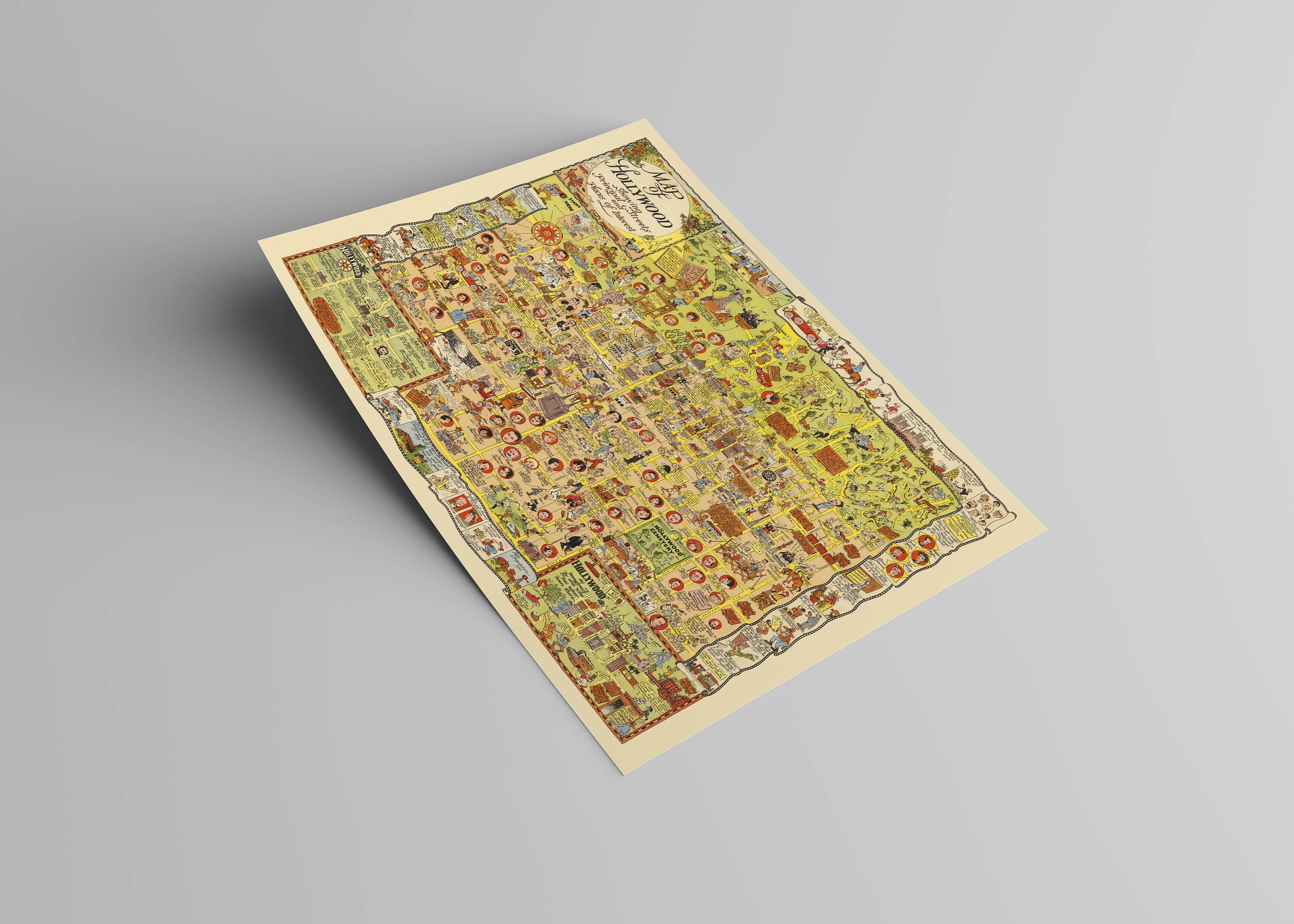 MAP OF HOLLYWOOD, Pictorial Map 1928, -unframed- Vintage Illustration ...