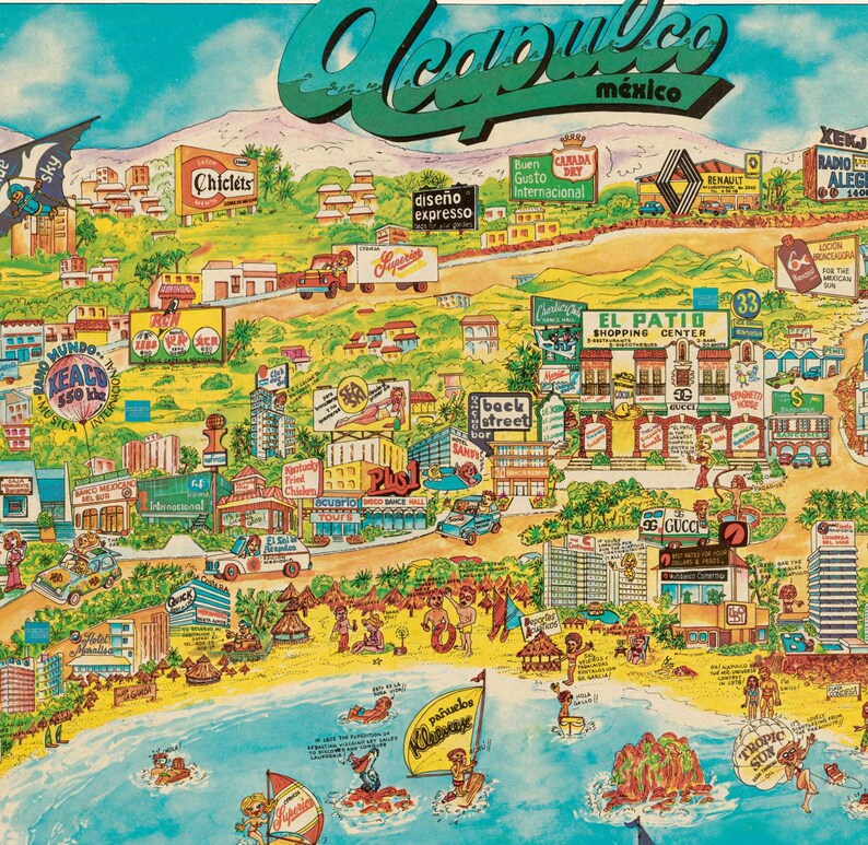 Vintage Acapulco Map Poster - Illustrated Mexico Beach Resort Art ...